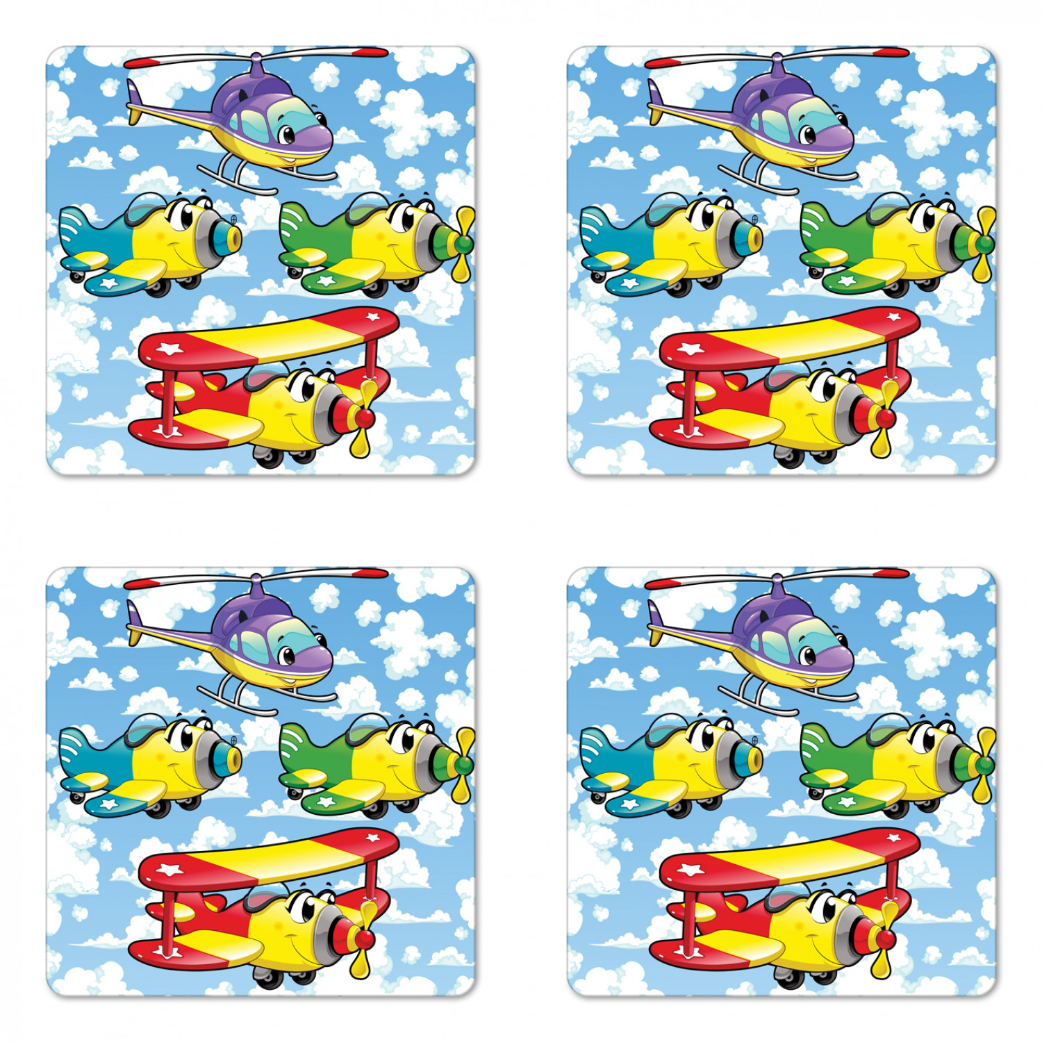 Cartoon Coaster Set of 4, Kids Airplanes and Helicopters with Faces in ...