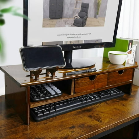WAYTRIM Bamboo Wood Monitor Stand Ergonomic Computer Riser with Storage ...