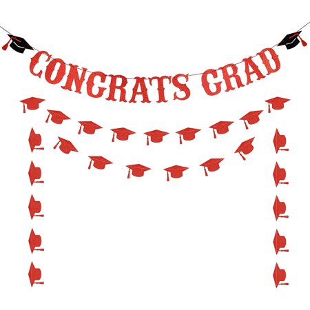 Red Graduation Decorations 2021- Red Glitter Congrats Grad Banner and ...