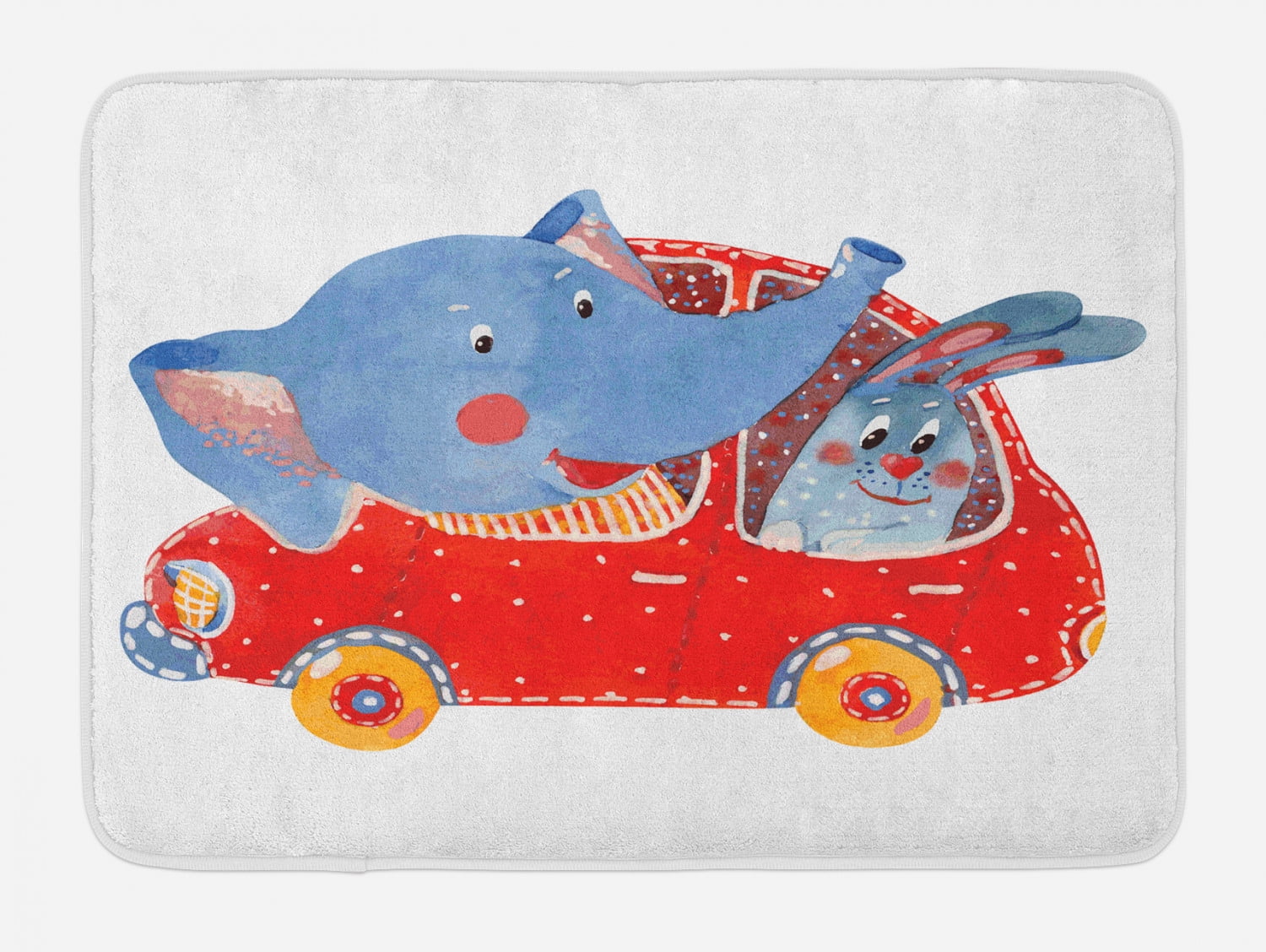 Cartoon Bath Mat, Watercolor Sketch of Young Blushed Elephant and Hare ...