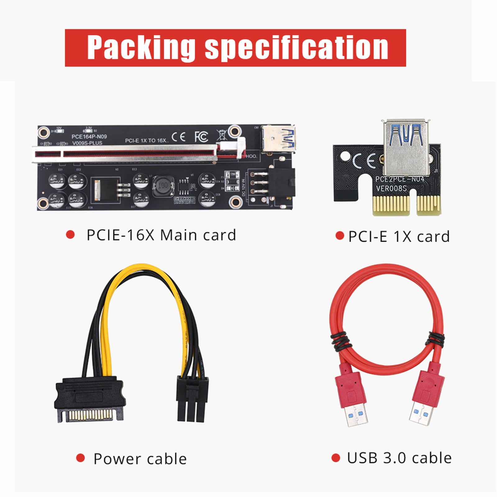 PCI-E Riser Cable, Mining Powered Riser Adapter Card 1X to 16X Graphics ...