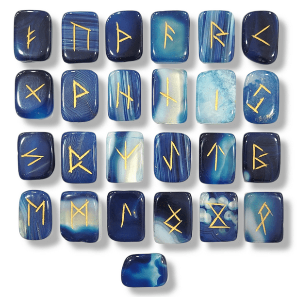 Blue Agate Runes Crystal Rune Stones Set Elder futhark Viking Gemstone ...