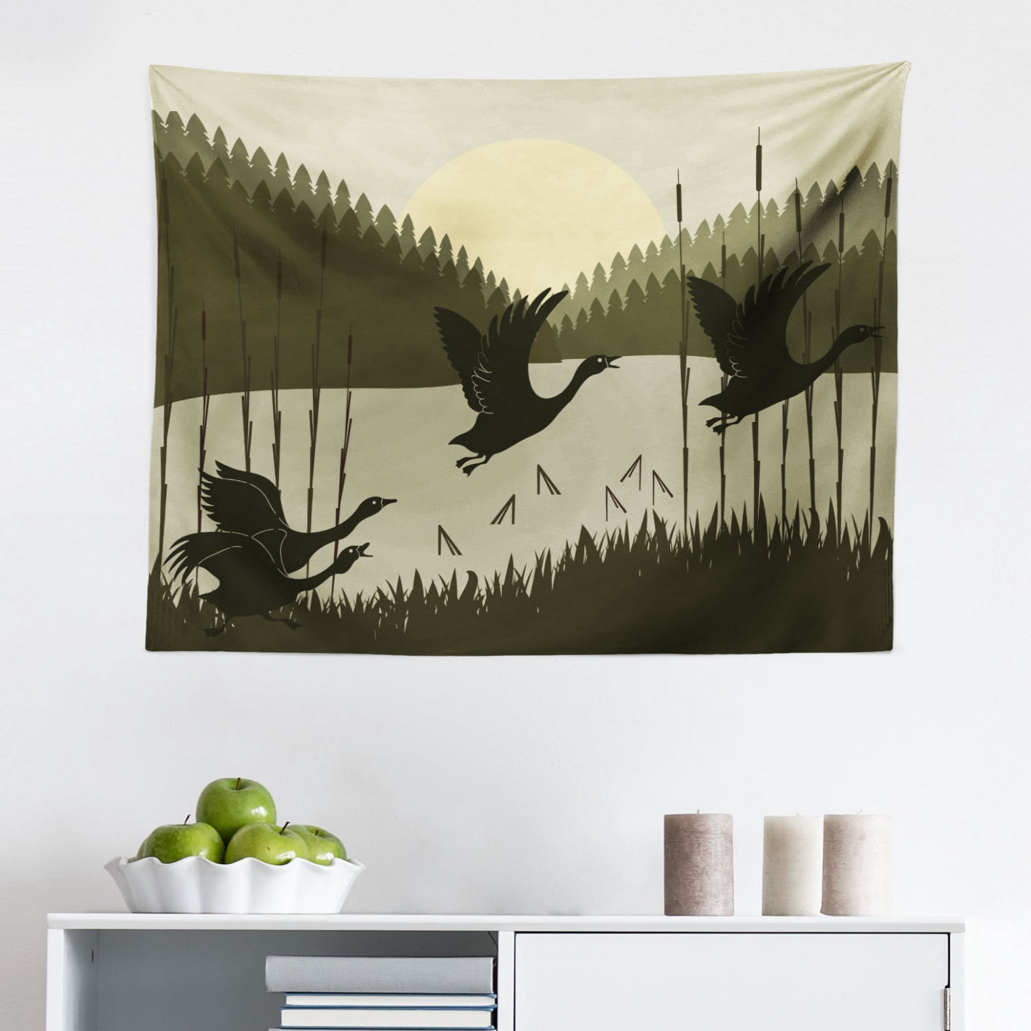 Geese Tapestry, Abstract Geese Flying Over Lake Fantasy Looking Curl ...