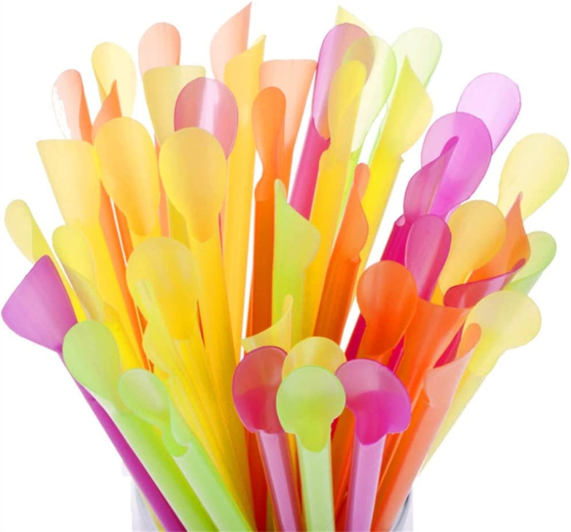 Happon 100 Count Assorted Unwrapped Spoon Straws Disposable Long ...