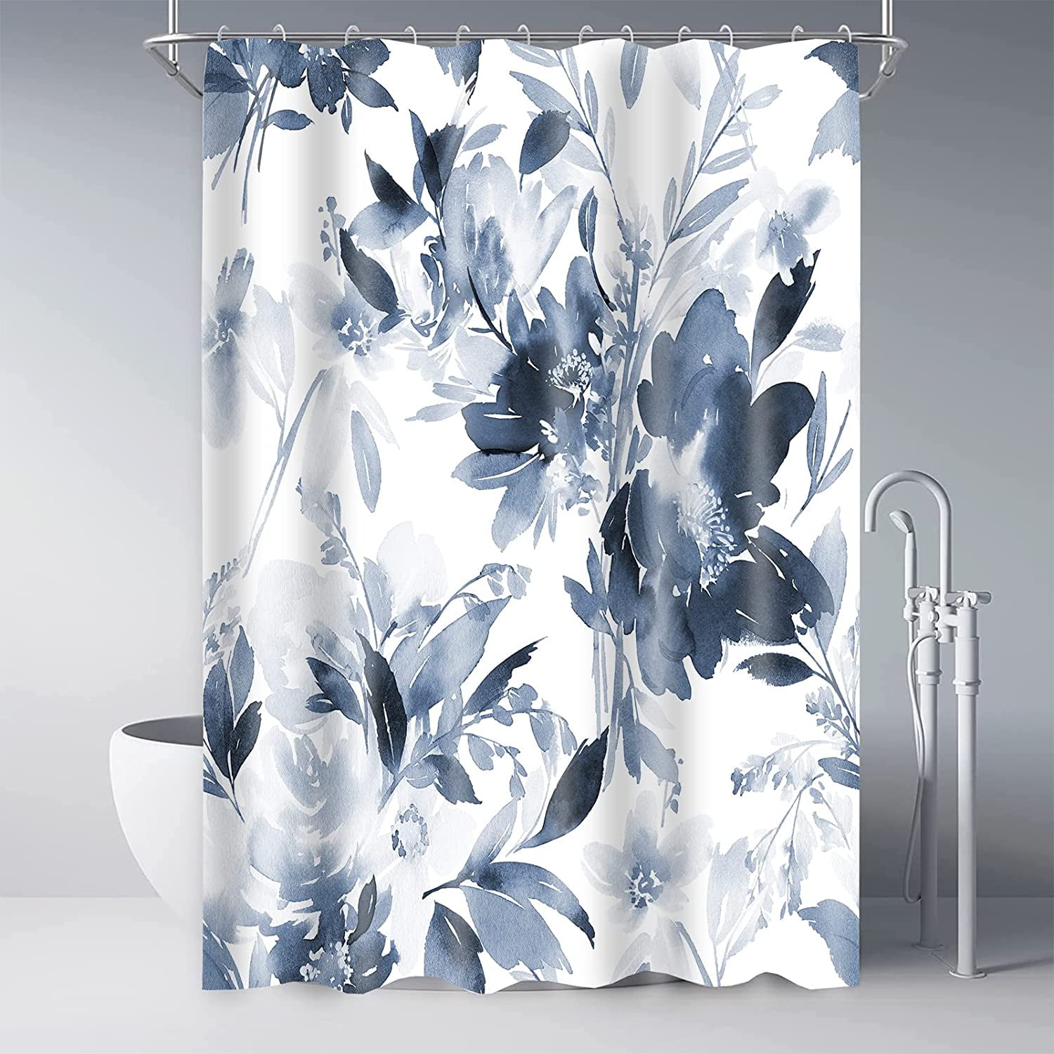Aoselan Extra Long 72x84 Dark Blue Botanical Floral Shower Curtain