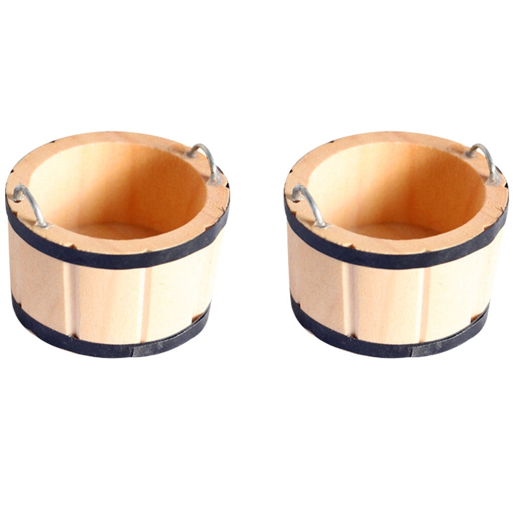 2Pcs Miniature Rustic Wooden Barrels Miniature Wood Bucket with Handle ...