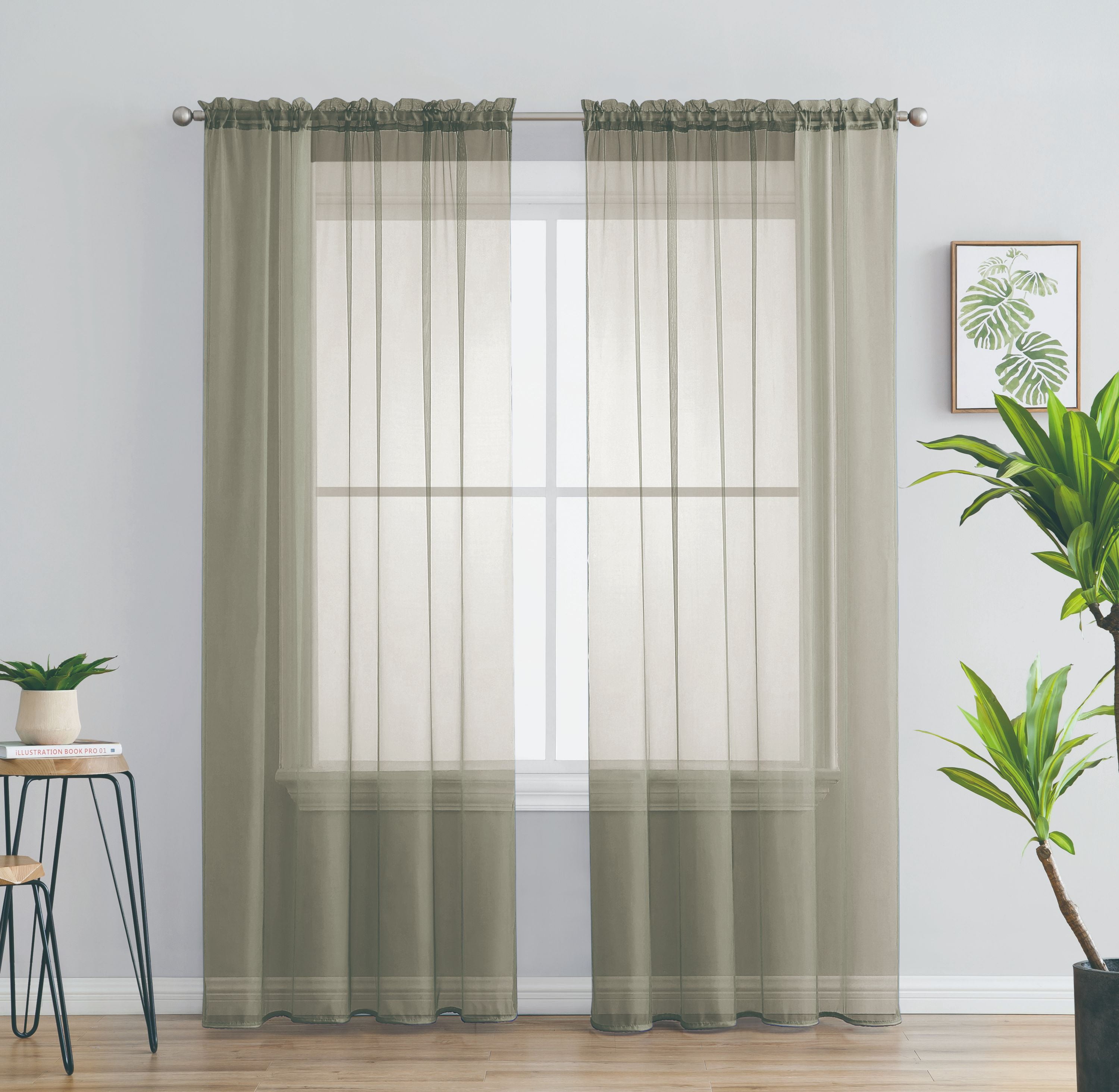 2 Piece Solid Rod Pocket Sheer Window Curtains Sheer Grey Curtains ...
