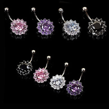 Koszal Women's Crystal Rhinestone Flower Navel Belly Button Ring Bar ...