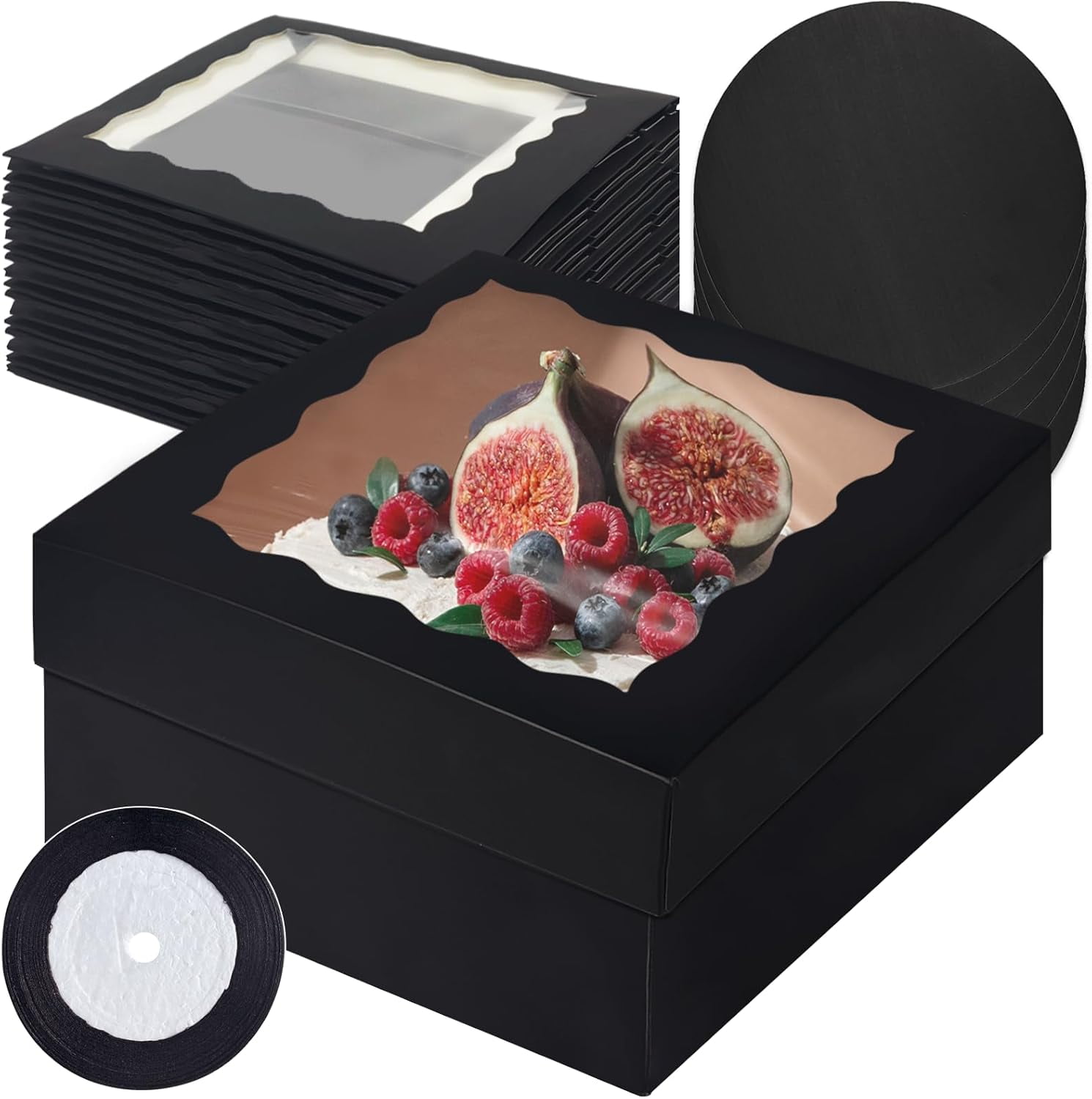 12x12x6 Black Cake Box Set with Window & Boards, 12" Cake Containers ...