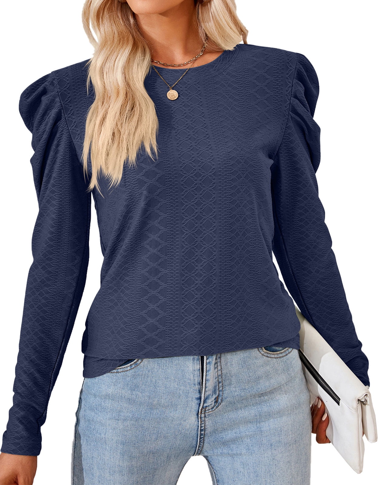 Alsol Lamesa Womens Long Puff Sleeve Fall Tops Dressy Crewneck Knit Top ...