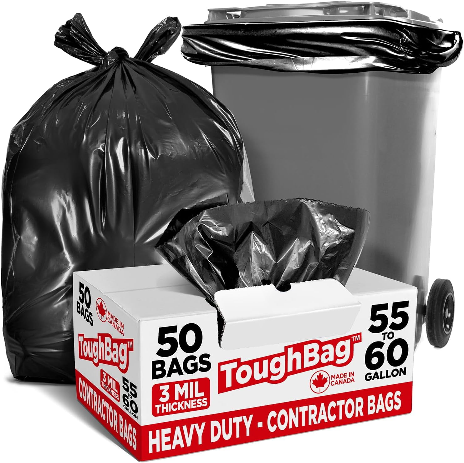 ToughBag 55 Gallon Garbage Bags, 3 Mil Contractor Bags - 50 Count ...