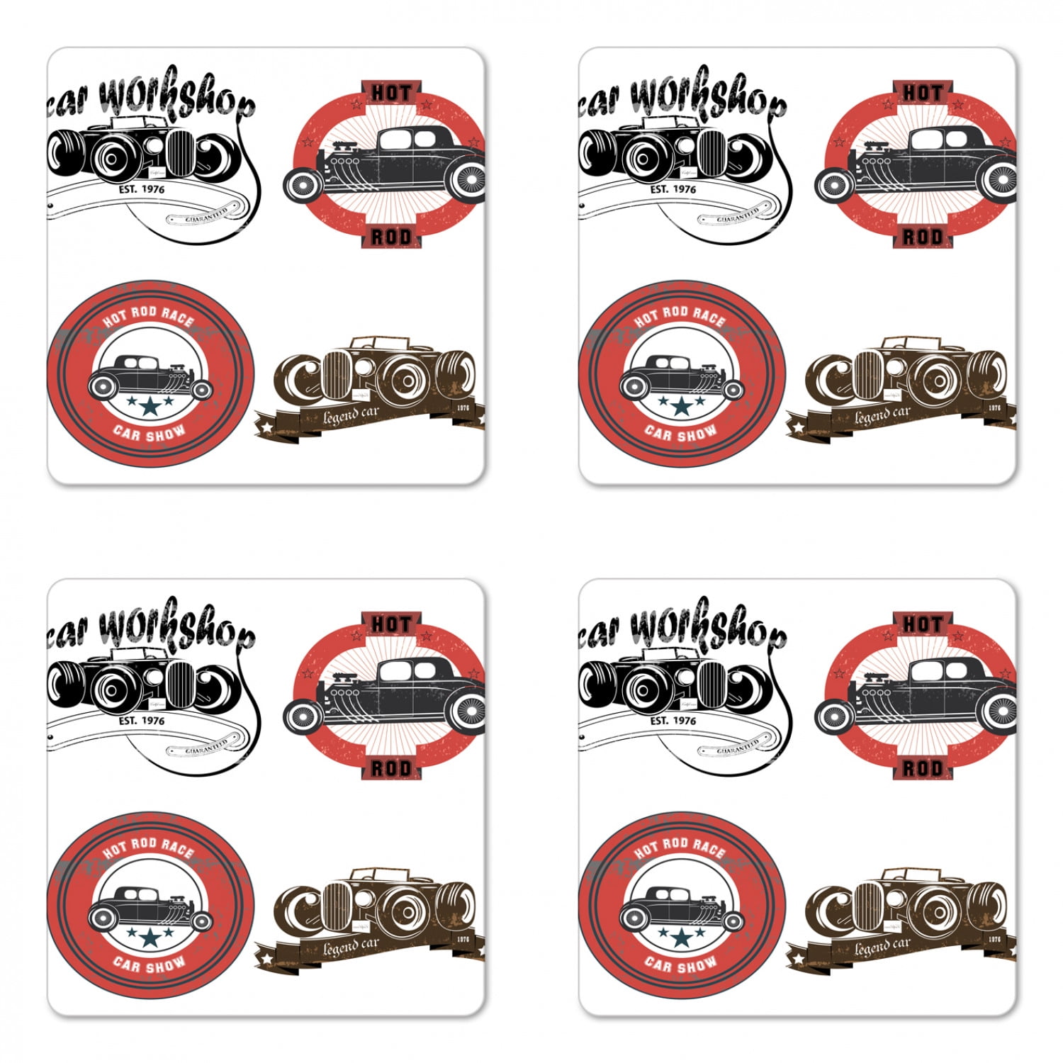 Cars Coaster Set of 4, Retro Pop Art Automotive Emblem Print Grunge ...
