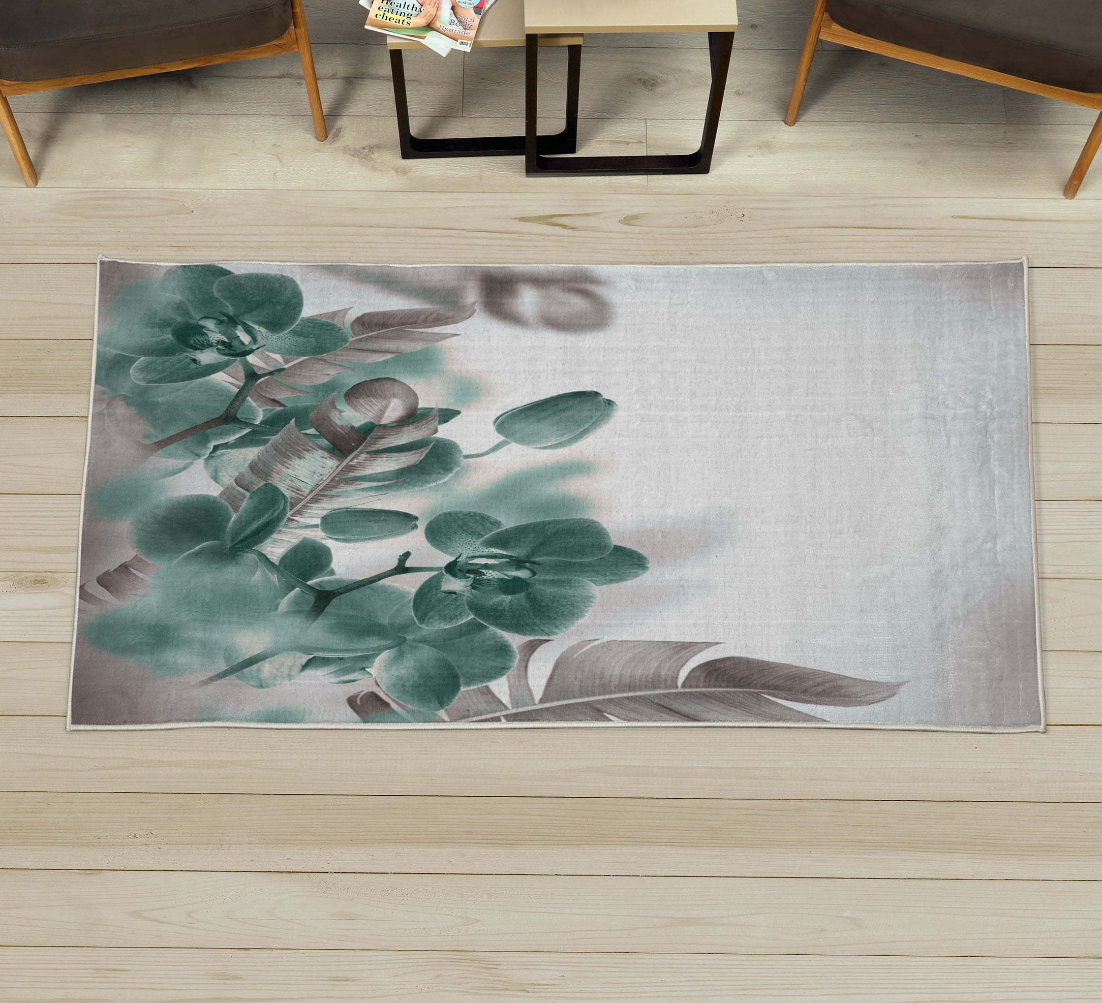 Tropical Decorative Rug, Exotic Orchids Blossom Leaves on Blurred ...