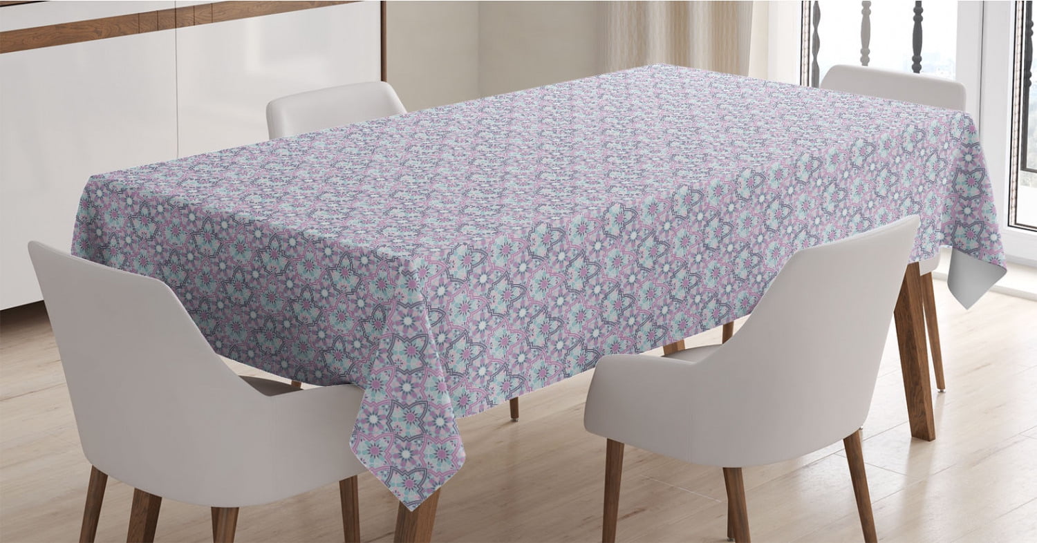 Moroccan Tablecloth, Abstract Eastern Motif in Pastel Blue and Purple Tones Floral Repetition ...