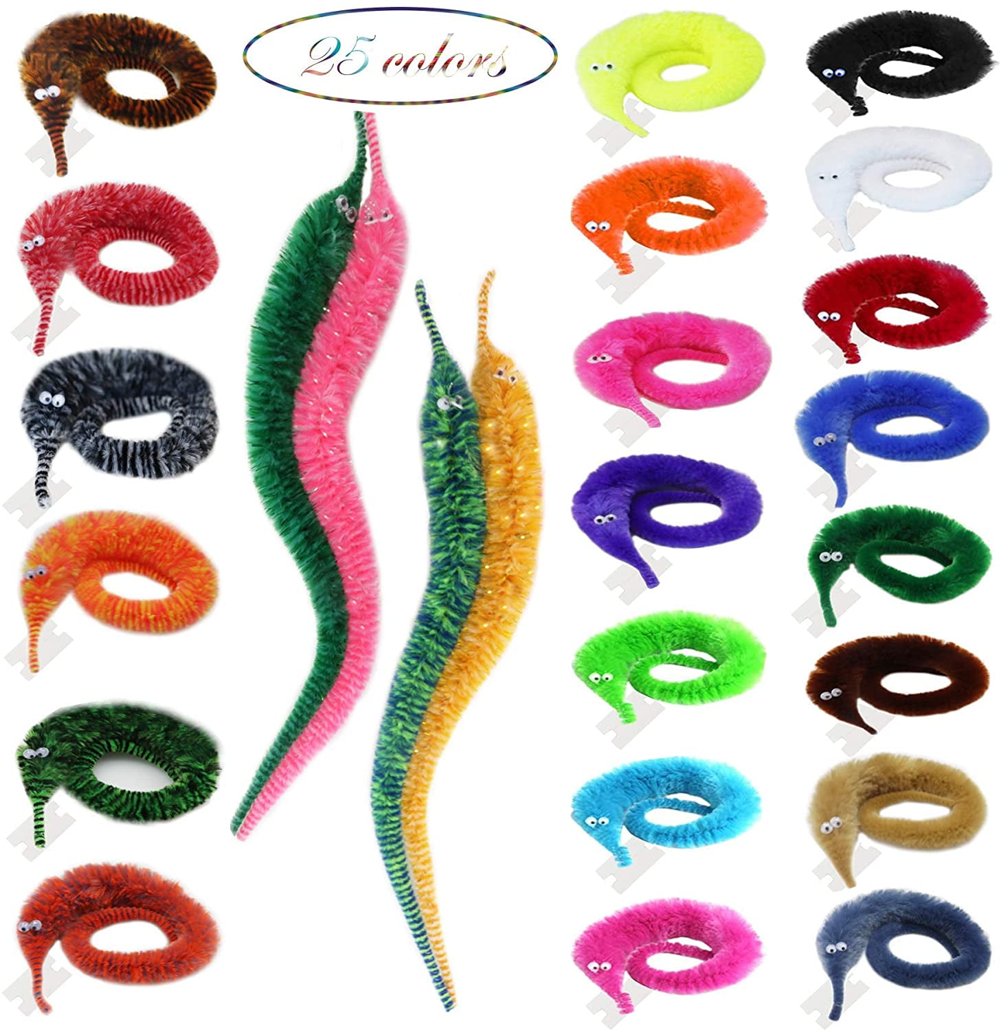 Happy Will 25 Pcs Fuzzy Magic Worms Toys with Invisible String Wiggly ...