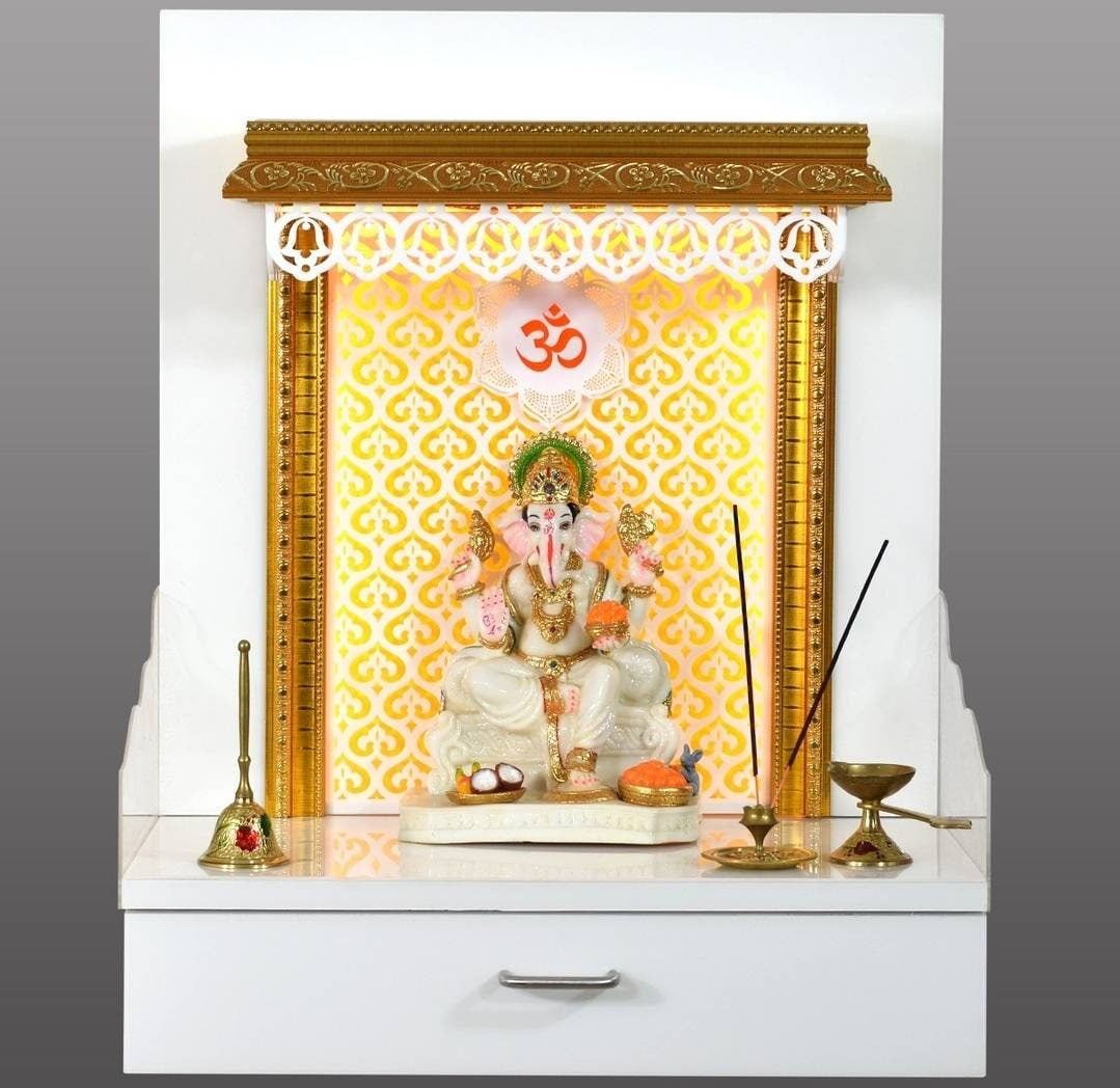 White Wooden Designer Temple For Home And Office With LED Lights / Puja ...