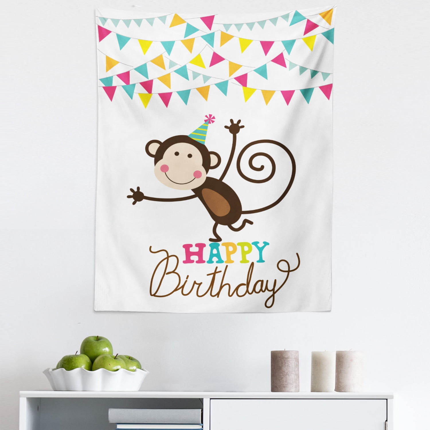 Birthday Tapestry, Celebration Brown Monkey Posing at a Party with 2 ...