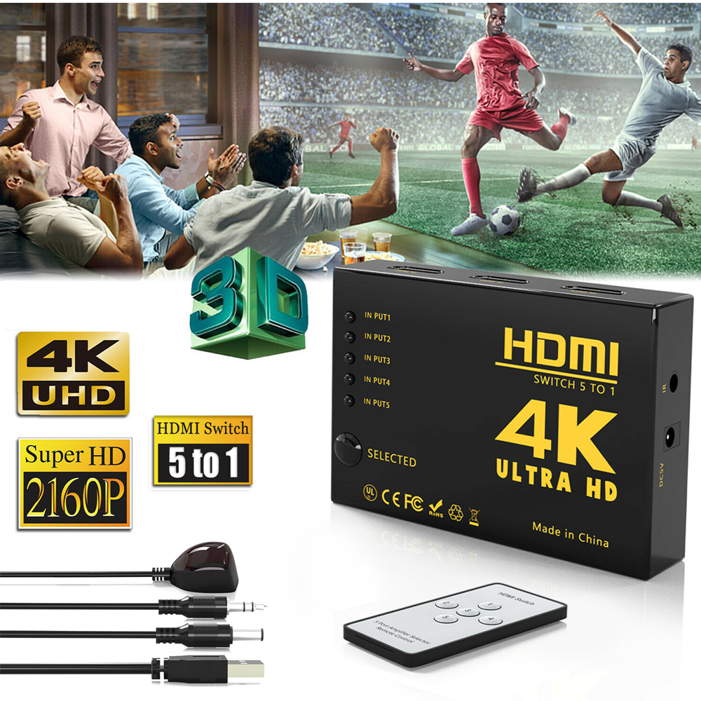 5 Port HDMI Switch, HDMI Auto Switch, 4K 5x1 Switcher Splitter Box with ...