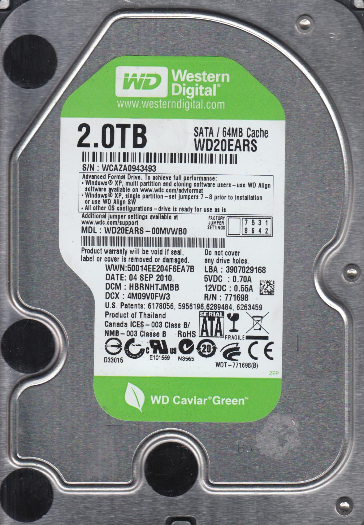 WD20EARS-00MVWB0, DCM HBRNHTJMBB, Western Digital 2TB SATA 3.5 Hard ...
