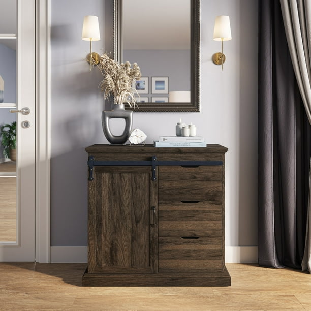 BELLEZE Modern Farmhouse Buffet Table With Sliding Barn Door, Three ...