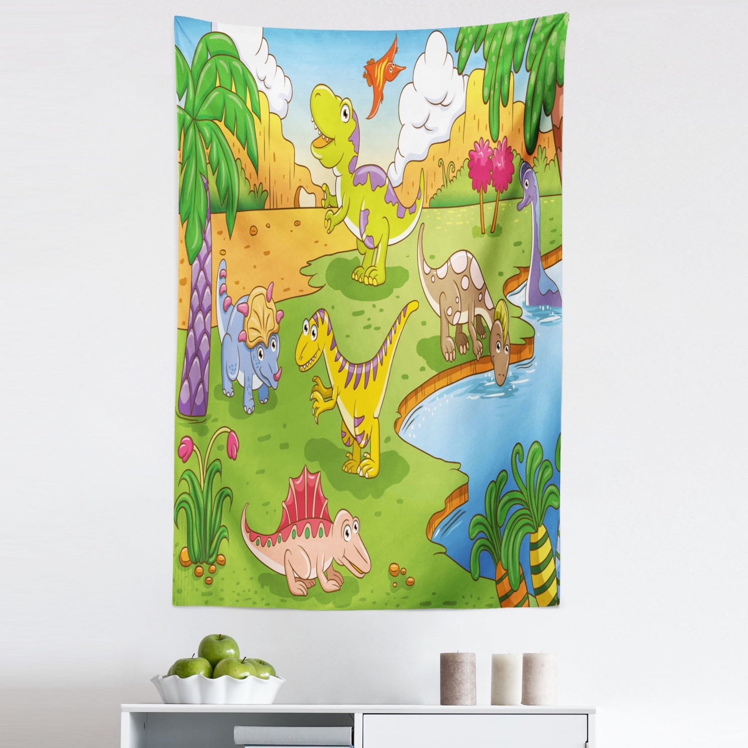 Cartoon Tapestry, Style Animals in Prehistoric Scene Meadow Trees and ...