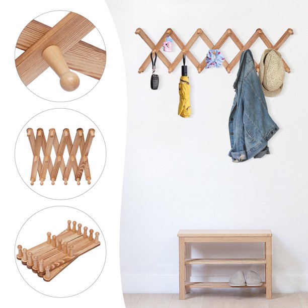 Expandable Hook Wood Wall Peg Rack - Wooden Expanding Accordion Style ...