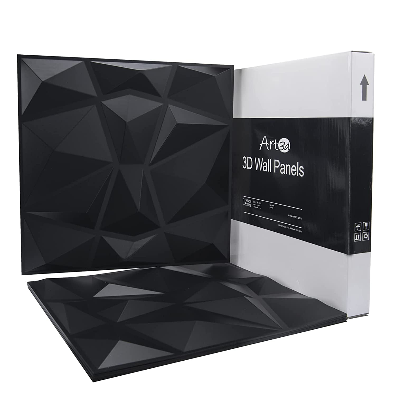 Art3d Black Diamond Design 19.7 in. x 19.7 in. PVC 3D Wall Panel (12 ...