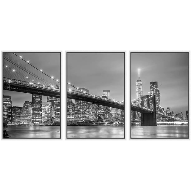 wall26 Framed Canvas Print Wall Art Set Black & White Manhattan Bridge ...