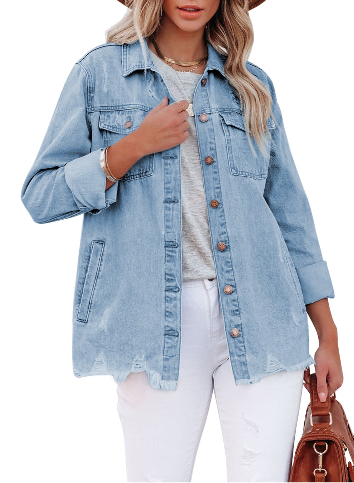 Acelitt Denim Jacket for Women Ripped Raw Hem Denim Jacket Classic ...