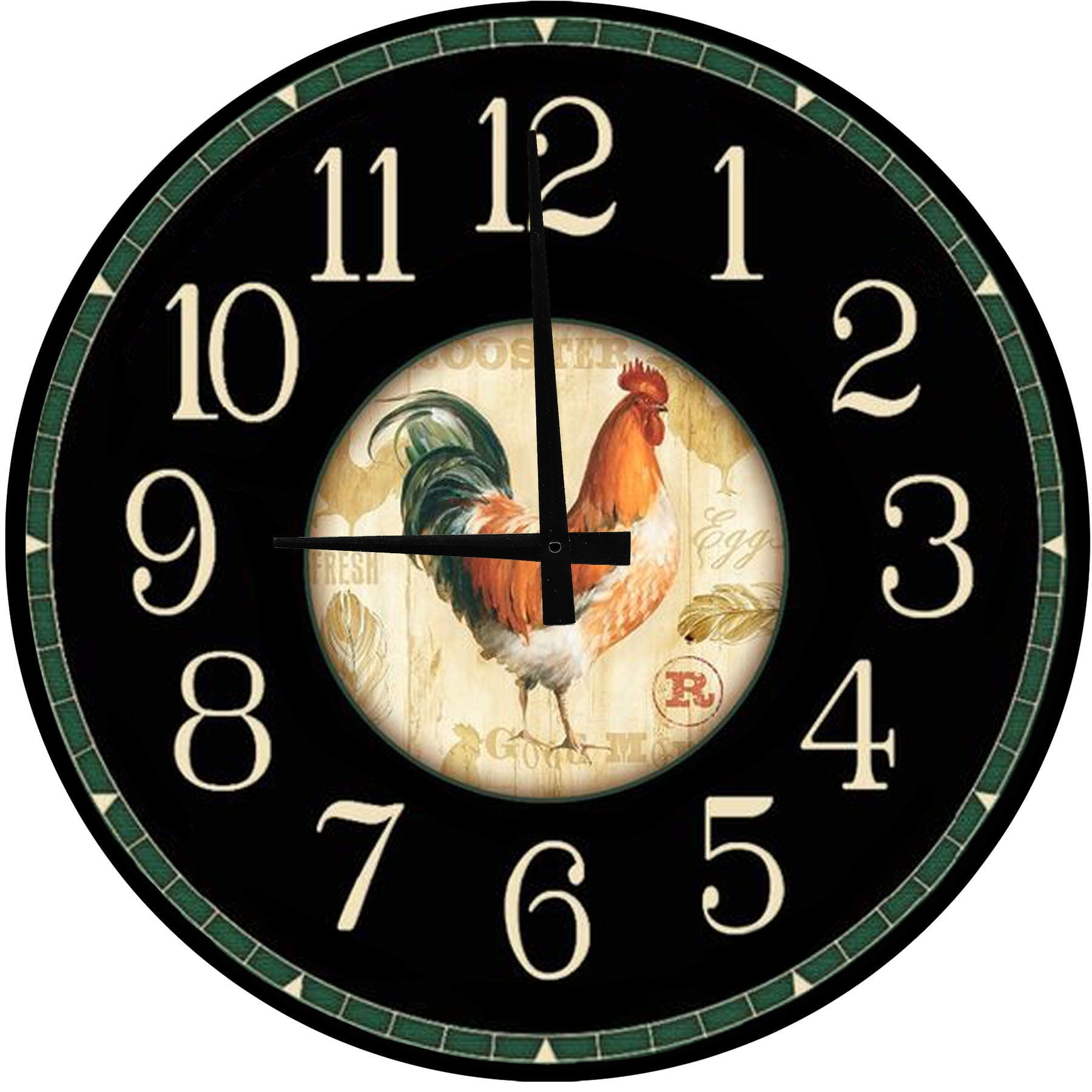 Large Wood Wall Clock 24 Inch Round Black Rooster Farmhouse Décor Round ...
