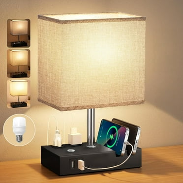Cinkeda Glass Table Lamp Set of 2 with Nightlight USB A+C Ports AC ...