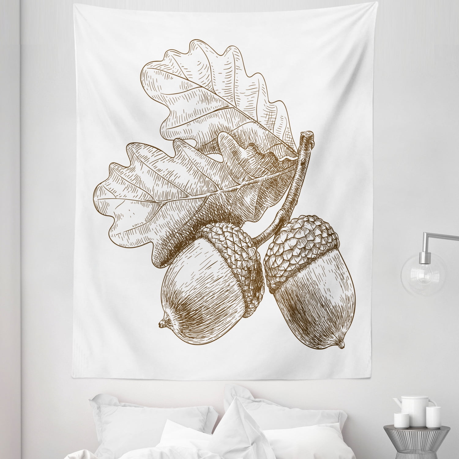 Oak Tree Tapestry, Detailed Sketchy Hand Drawn Acorn and Leaves Antique ...