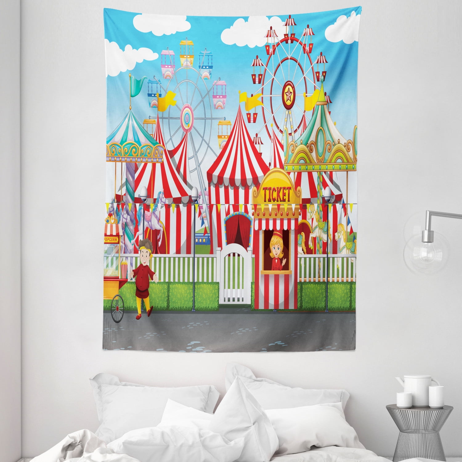Circus Decor Wall Hanging Tapestry, Carnival with many rides and shops ...