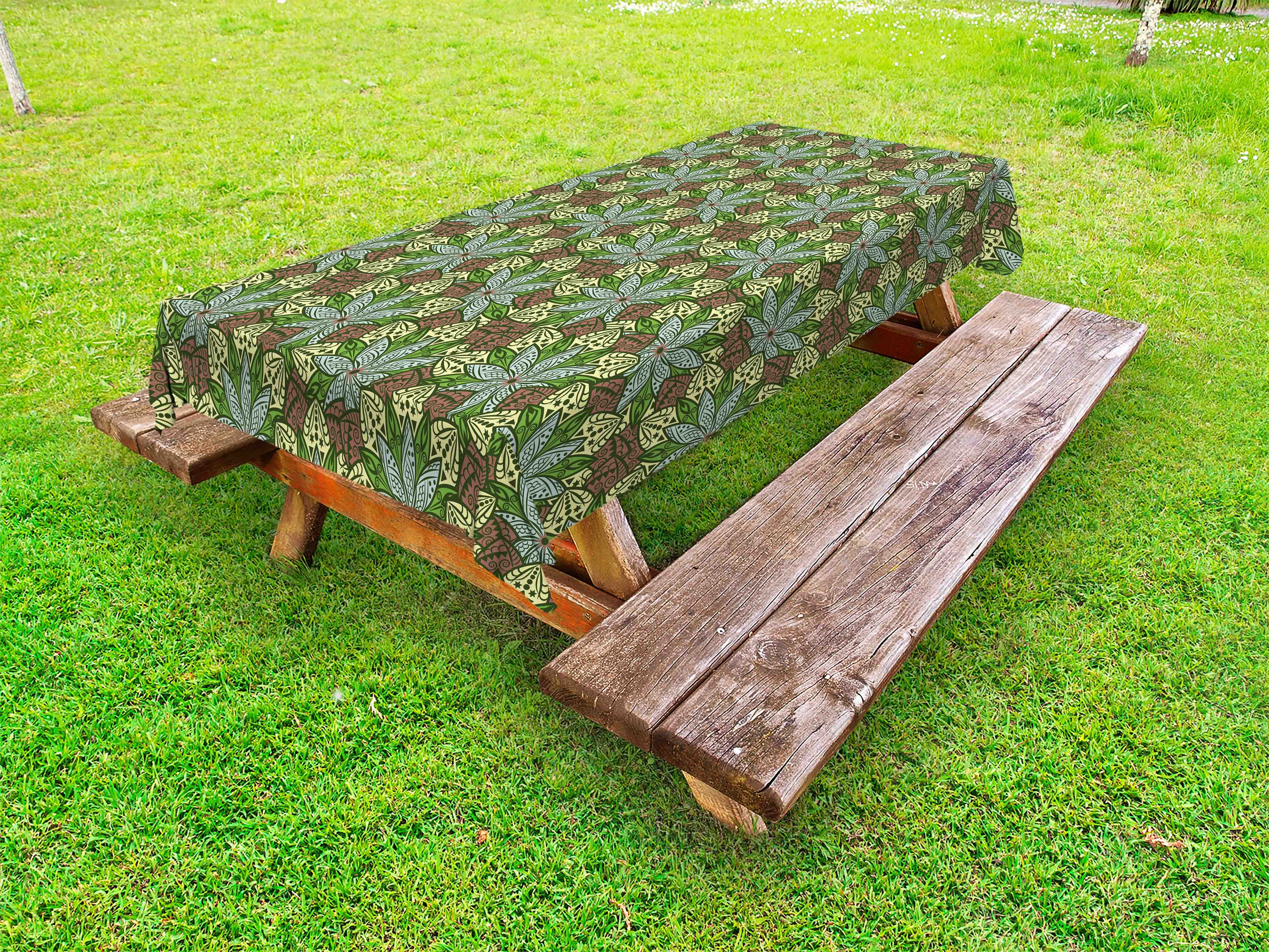 Floral Outdoor Tablecloth, Ethnic Mandala Pattern with Stars Triangles ...