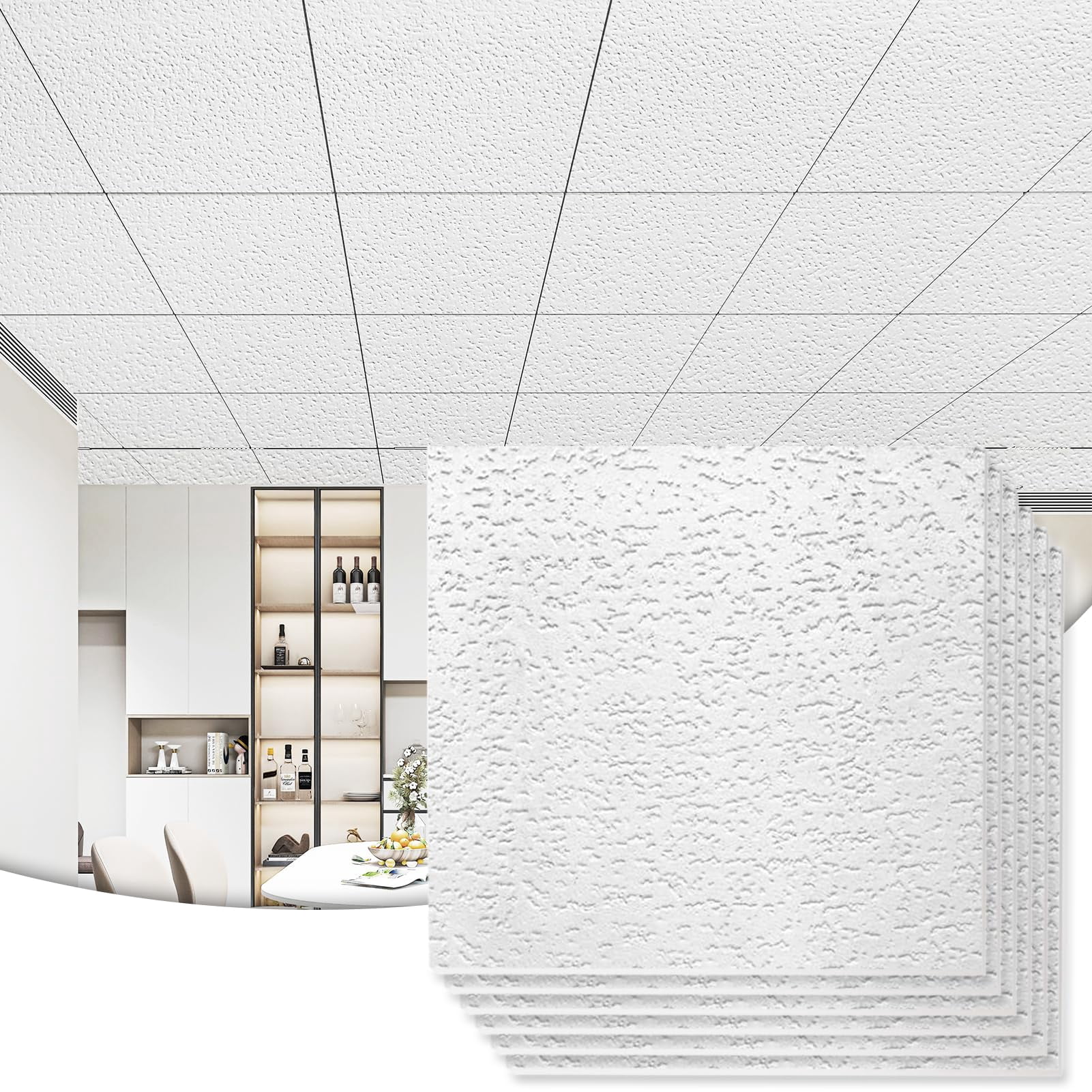 Art3D Lot de 12 Dalles de Plafond Texture Stucco 2X2 Pi - Réutilisables ...