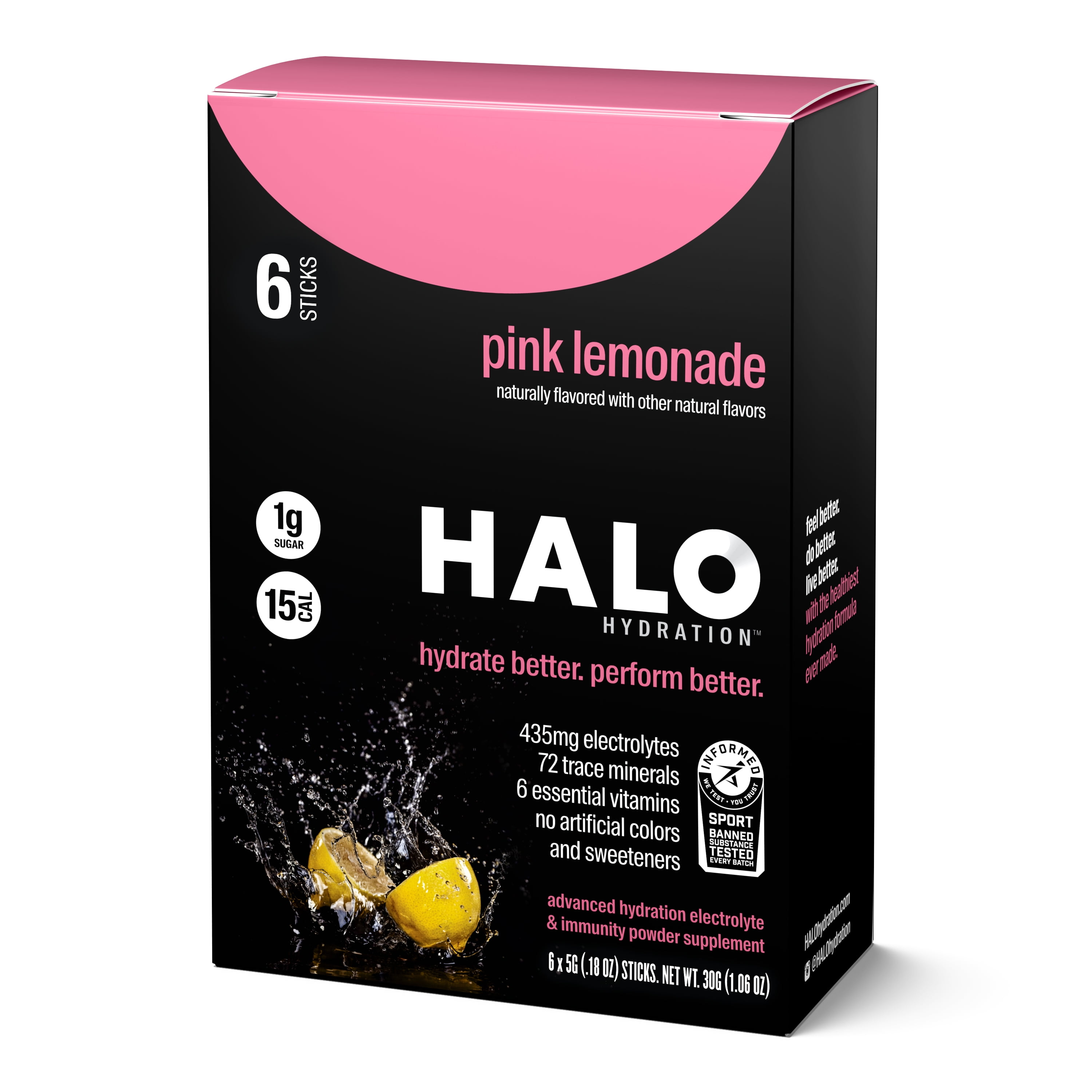 Halo Hydration On-the-Go Electrolyte Powder Drink Mix, Pink Lemonade, 6 ...