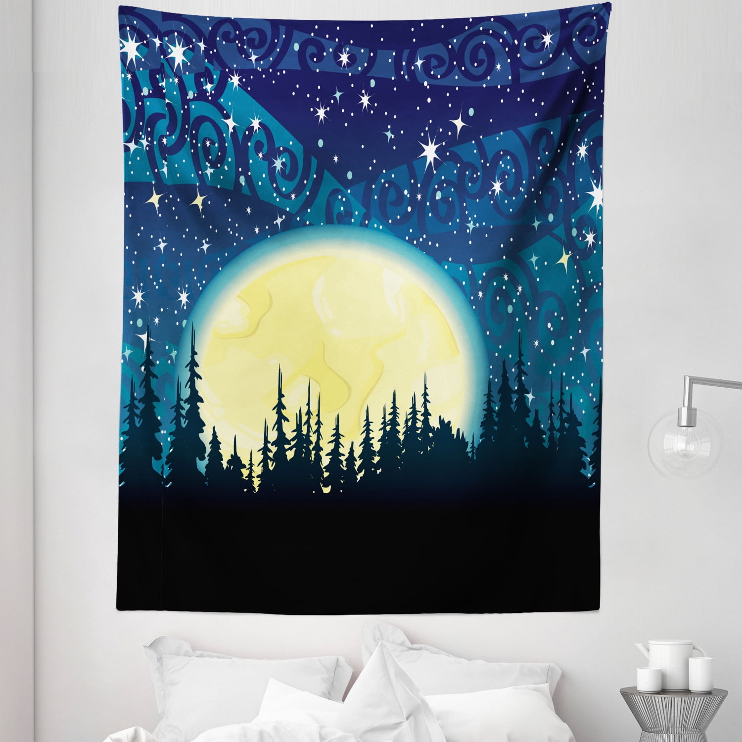 Starry Night Tapestry, Full Moon over the Forest Sky with Stars Dots ...
