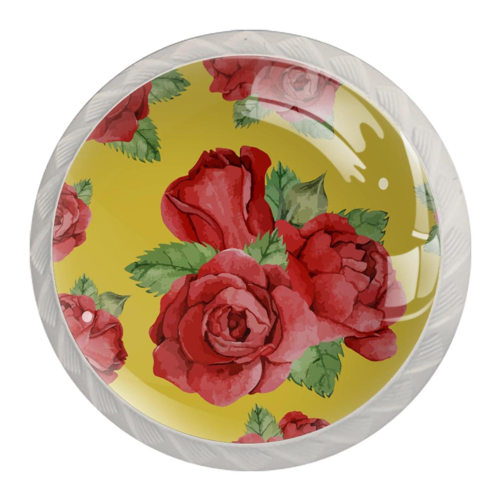4 Pcs Red Roses Yellow Knobs for Kitchen Cabinet Cupboard Dresser ...