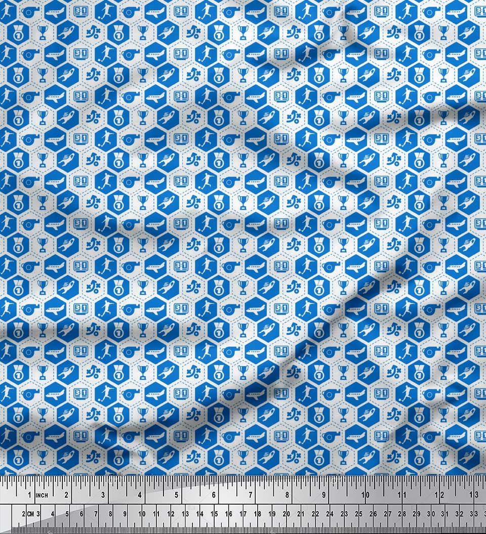 Soimoi Blue Heavy Satin Fabric Airplane,Trophy & Geometric Symbol ...