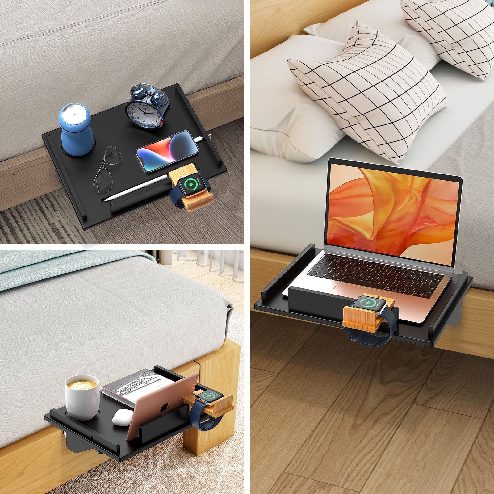 Bamboo Bedside Bed Shelf- With USB Ports To Charge Devices, Powder ...