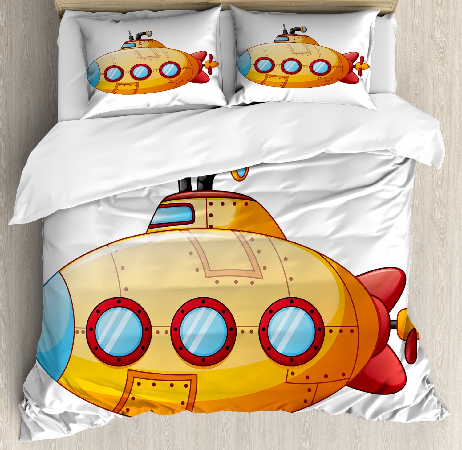 Yellow Submarine Decor Queen Size Duvet Cover Set, Sea Theme Cartoon ...