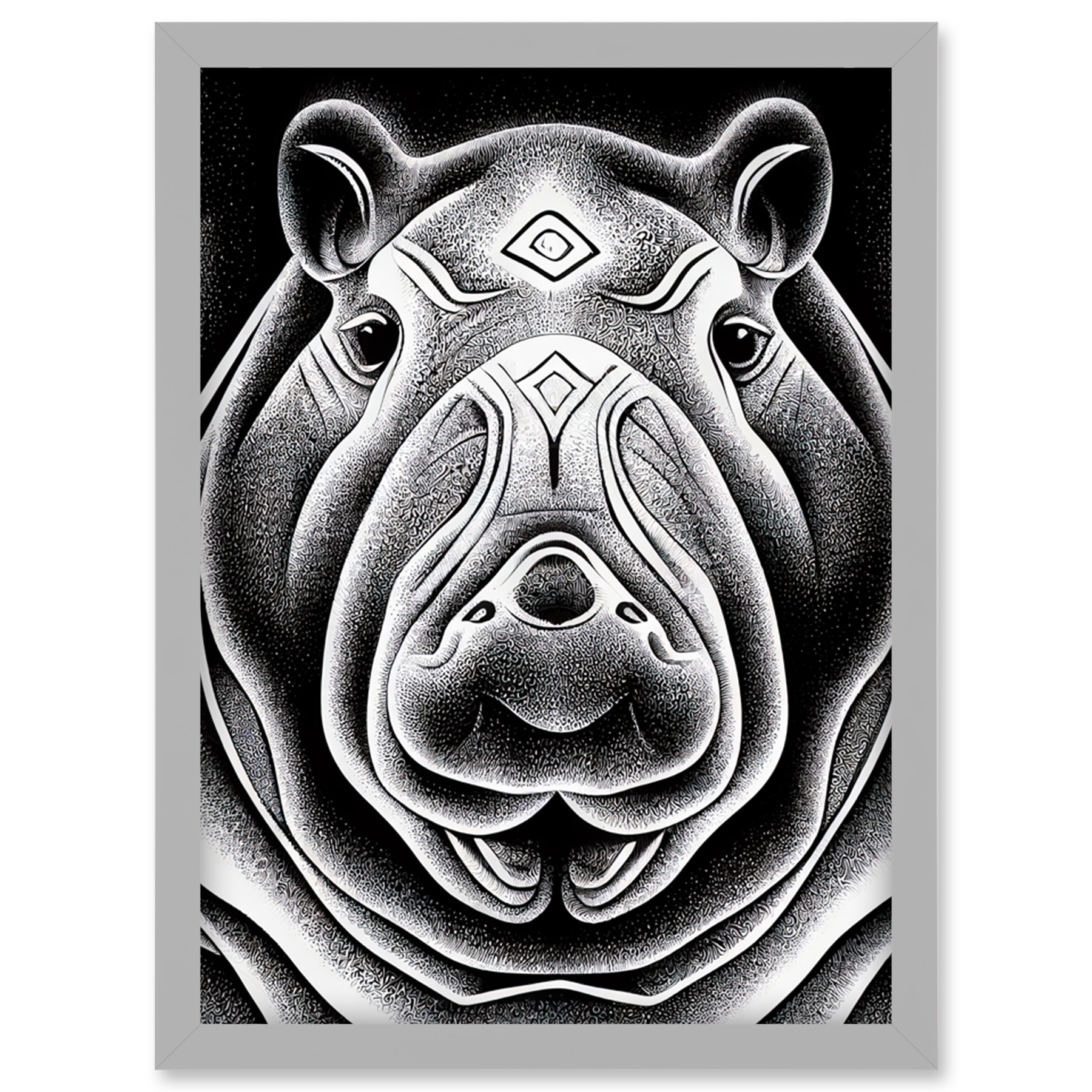 Hippo Face Symmetric Illustration In Black And White Tribal Style Artwork Framed Wall Art Print ...