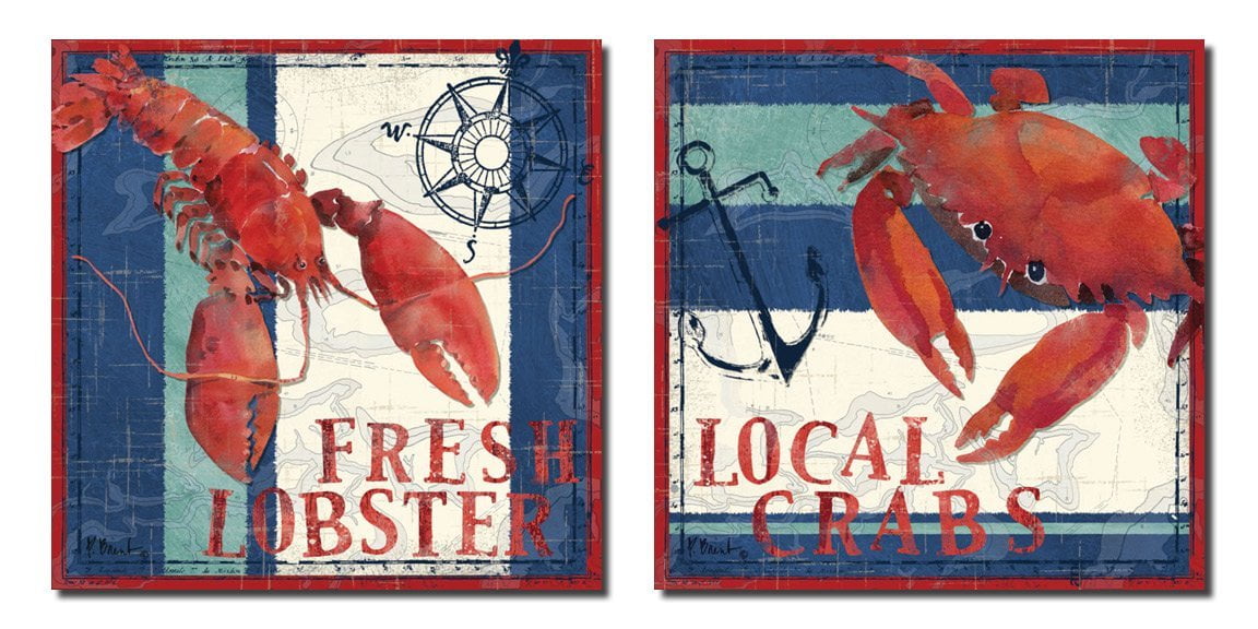 Coastal Fresh Lobster and Local Crab Prints; Nautical Decor; Two 12X12 ...