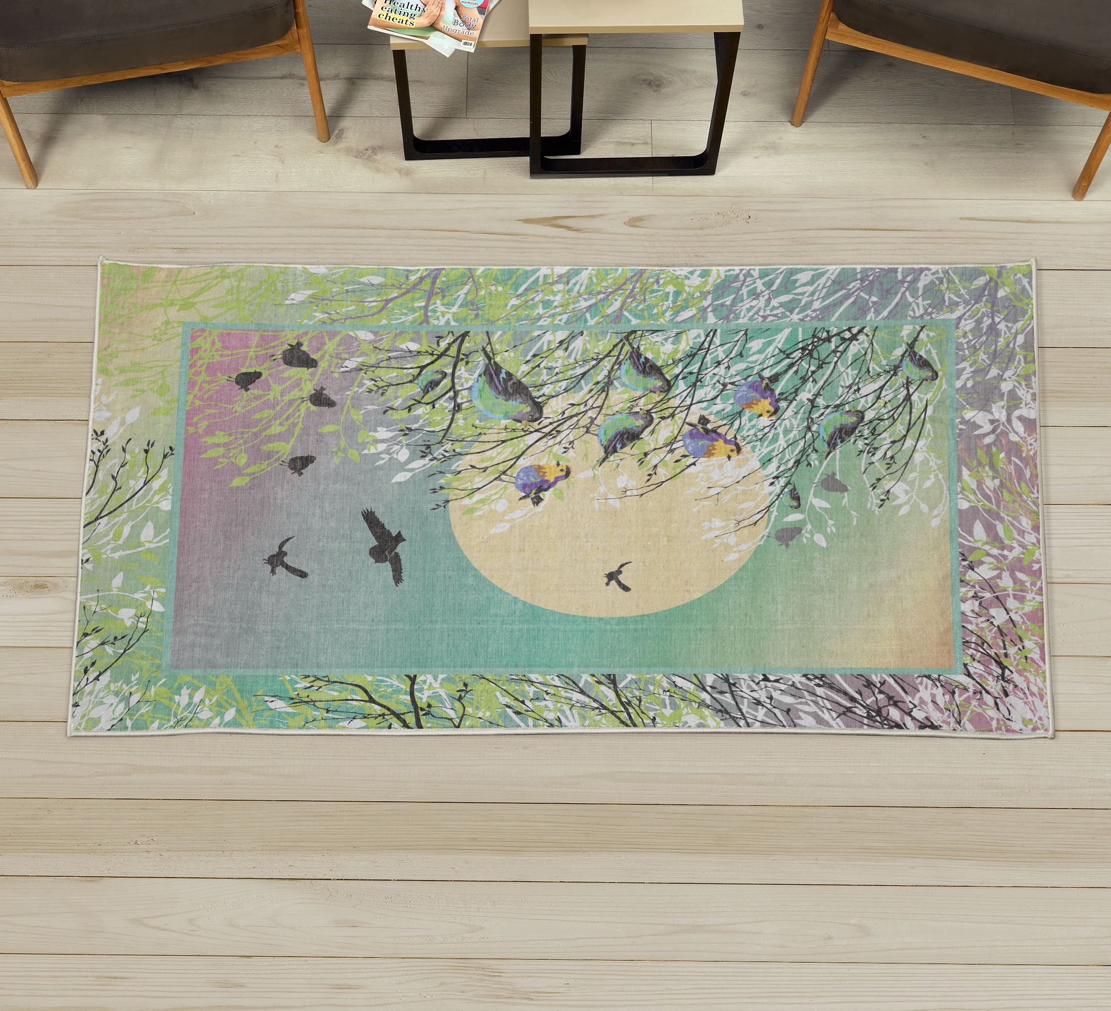 Birds Decorative Rug, Nature Themed Design of Flying Animals on Bare ...