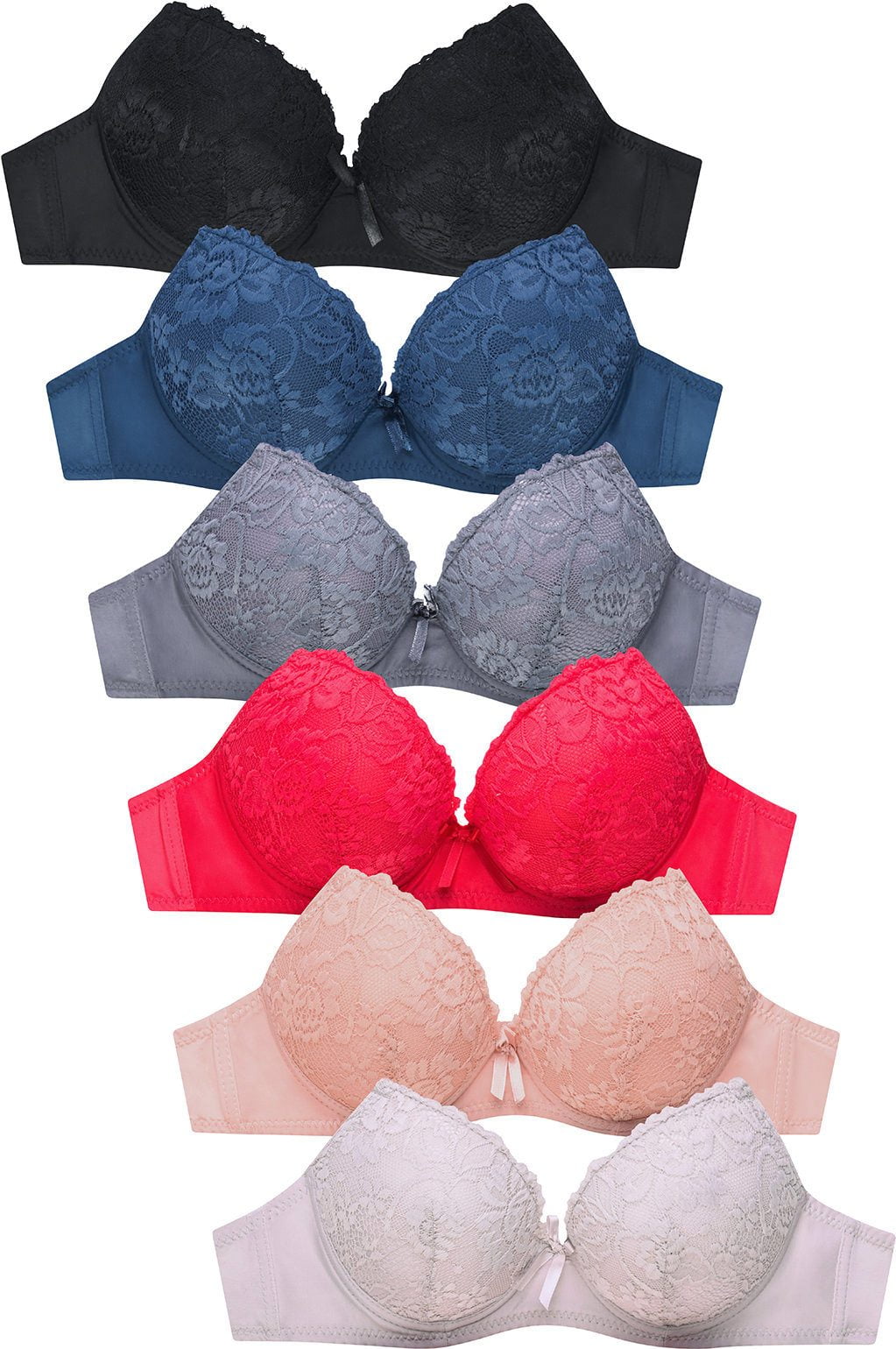 247 Frenzy Women's Essentials Sofra PACK OF 6 Demi Cup Lace Accent Push ...