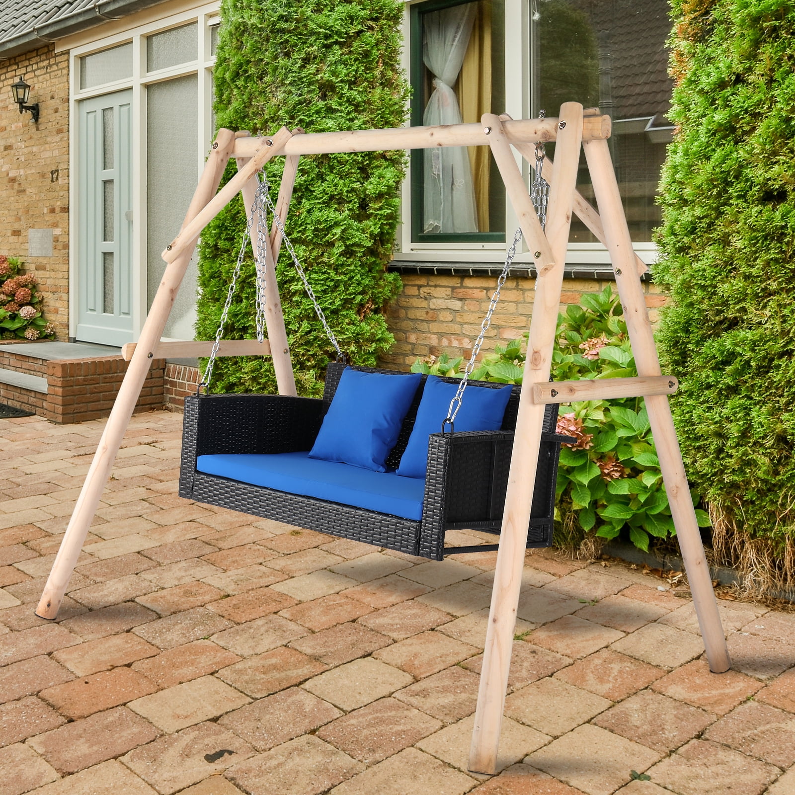 Zimtown Patio Rattn Wicker Swing, Outdoor Bench w/ Blue Cushion ...
