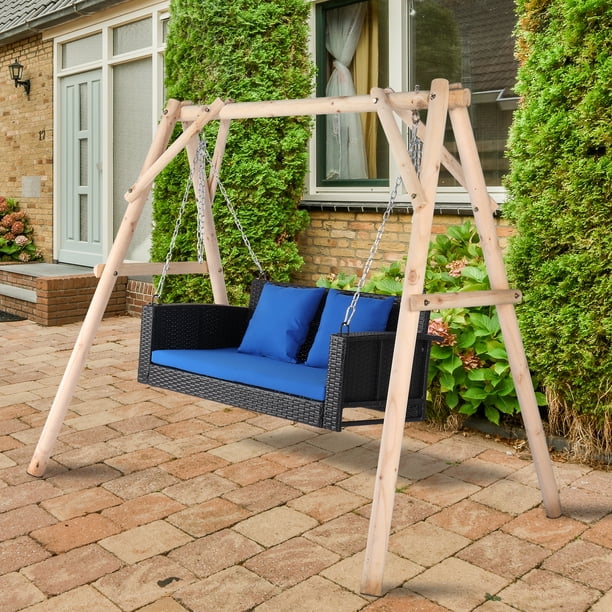 Zimtown Patio Rattn Wicker Swing, Outdoor Bench w/ Blue Cushion ...