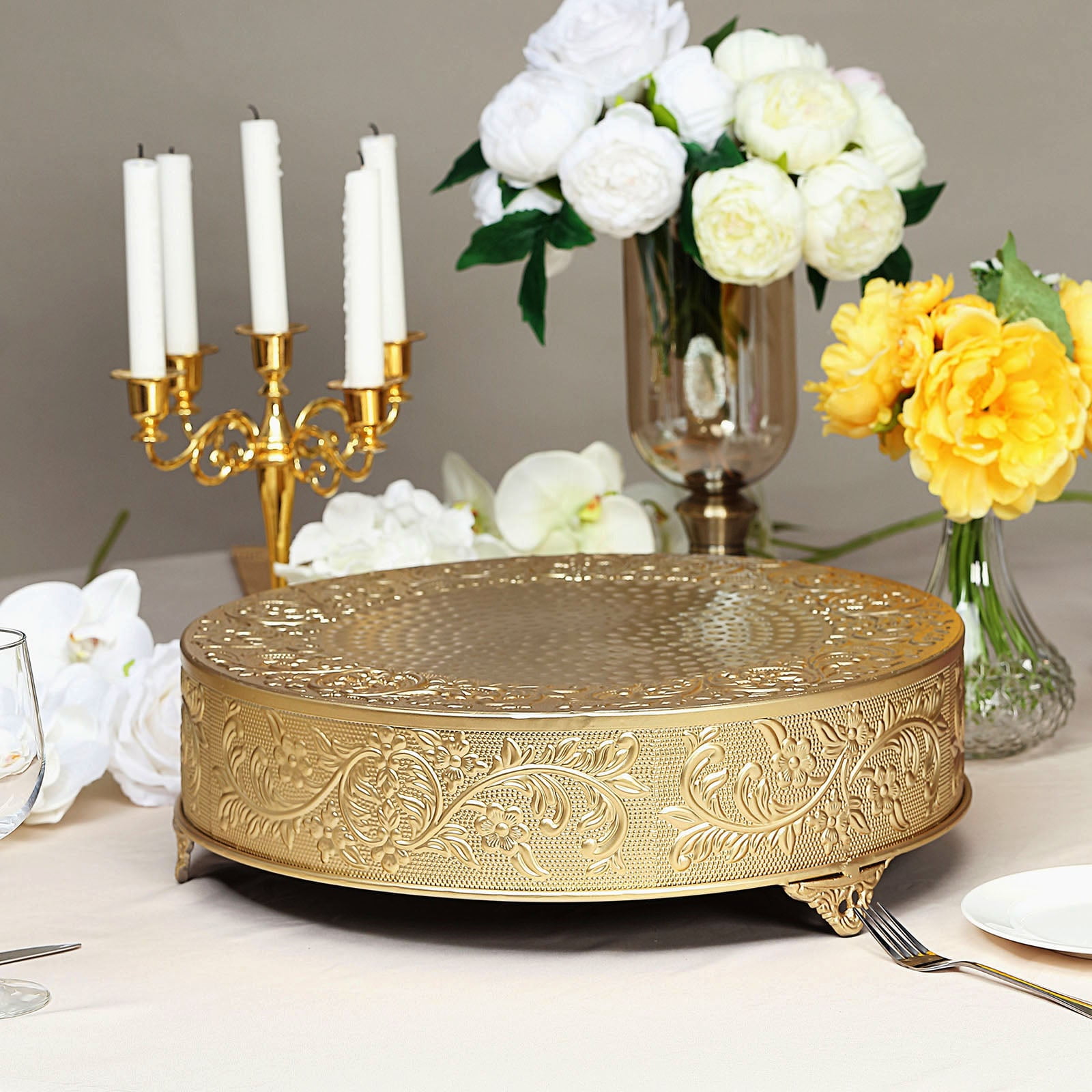 Efavormart 18 inch Gold Round Embossed Metal Cake Plateau Stand Riser ...