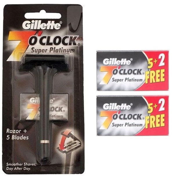 Gillette 7 O'Clock Super Platinum Safety Razor w/ 5 Blades + 7 O'Clock ...