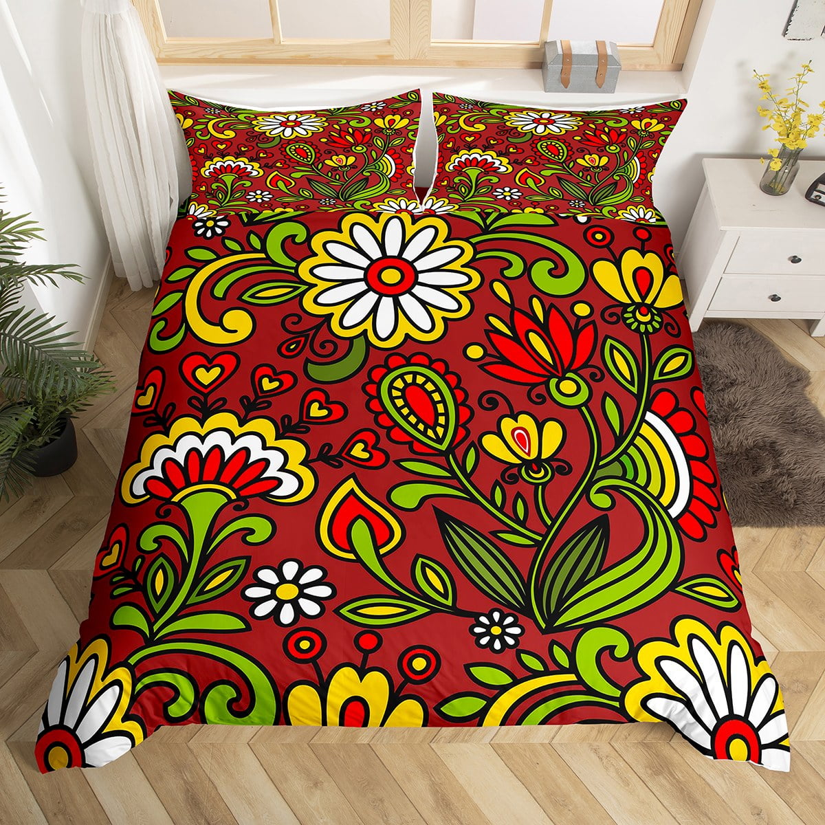 Vintage Floral Bedding Set Queen for Kids Boys Girls,70S Retro ...